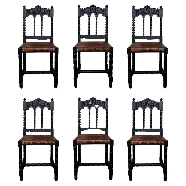 19th Carved French Oak Brown Leather Lion Dining Chairs, Henry II For ...