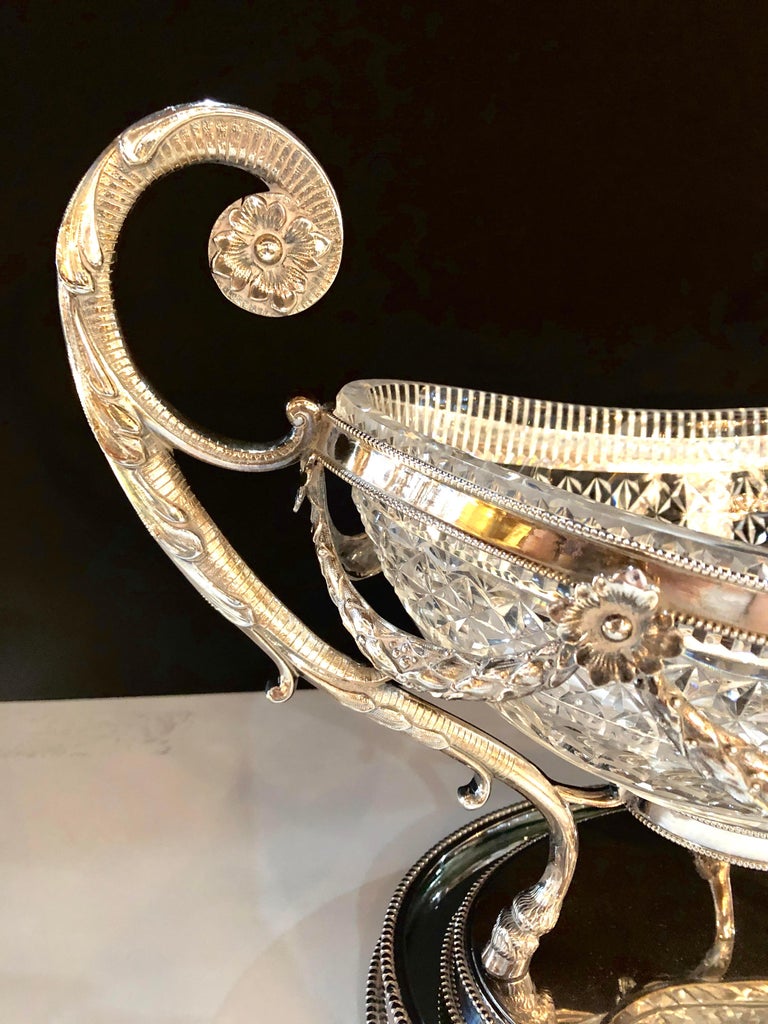 George III Style Silver Plated Oval Center Bowl with Cut Glass Liner ...