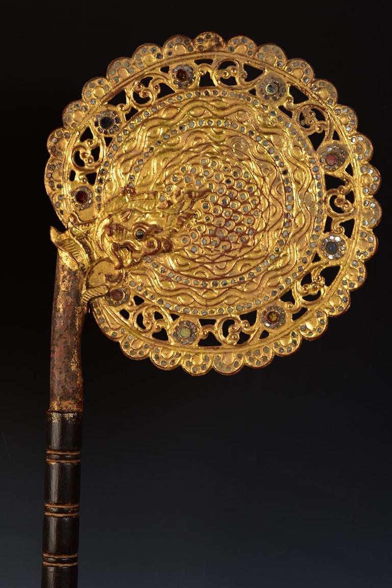 19th Century, A Pair of Antique Burmese Wooden Fans with Gilded Gold ...