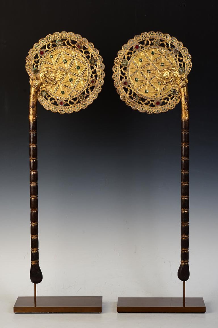 19th Century, A Pair of Antique Burmese Wooden Fans with Gilded Gold ...