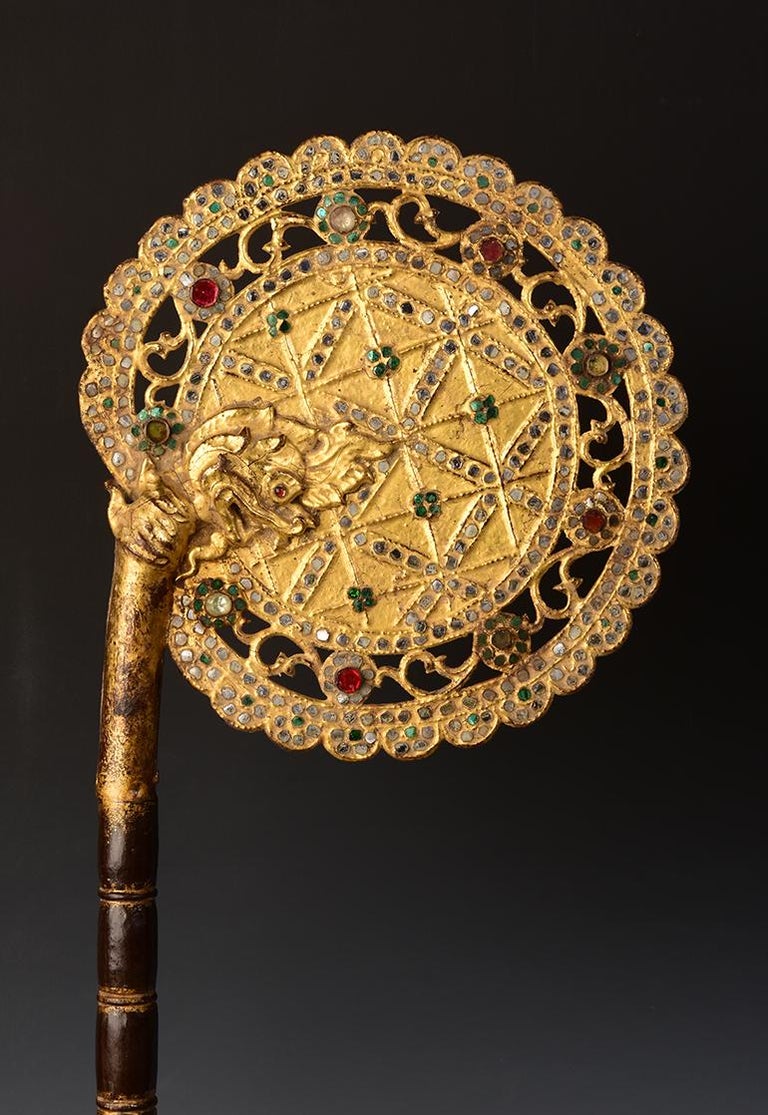 19th Century, A Pair of Antique Burmese Wooden Fans with Gilded Gold ...