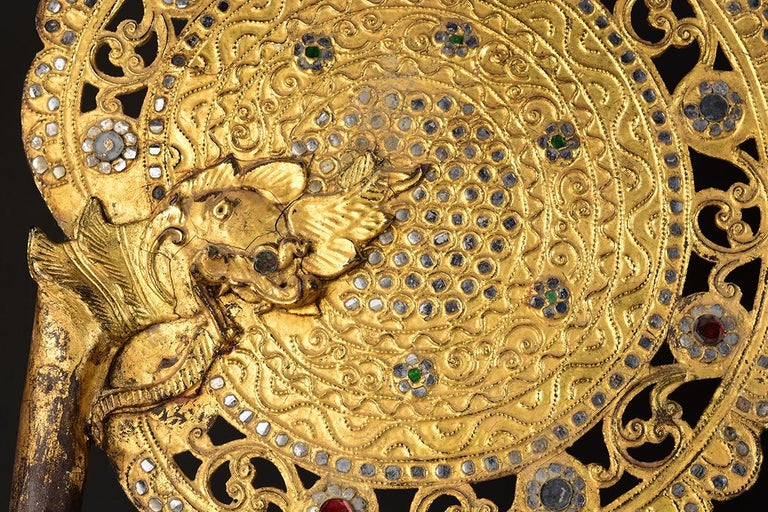 19th Century, A Pair of Antique Burmese Wooden Fans with Gilded Gold ...