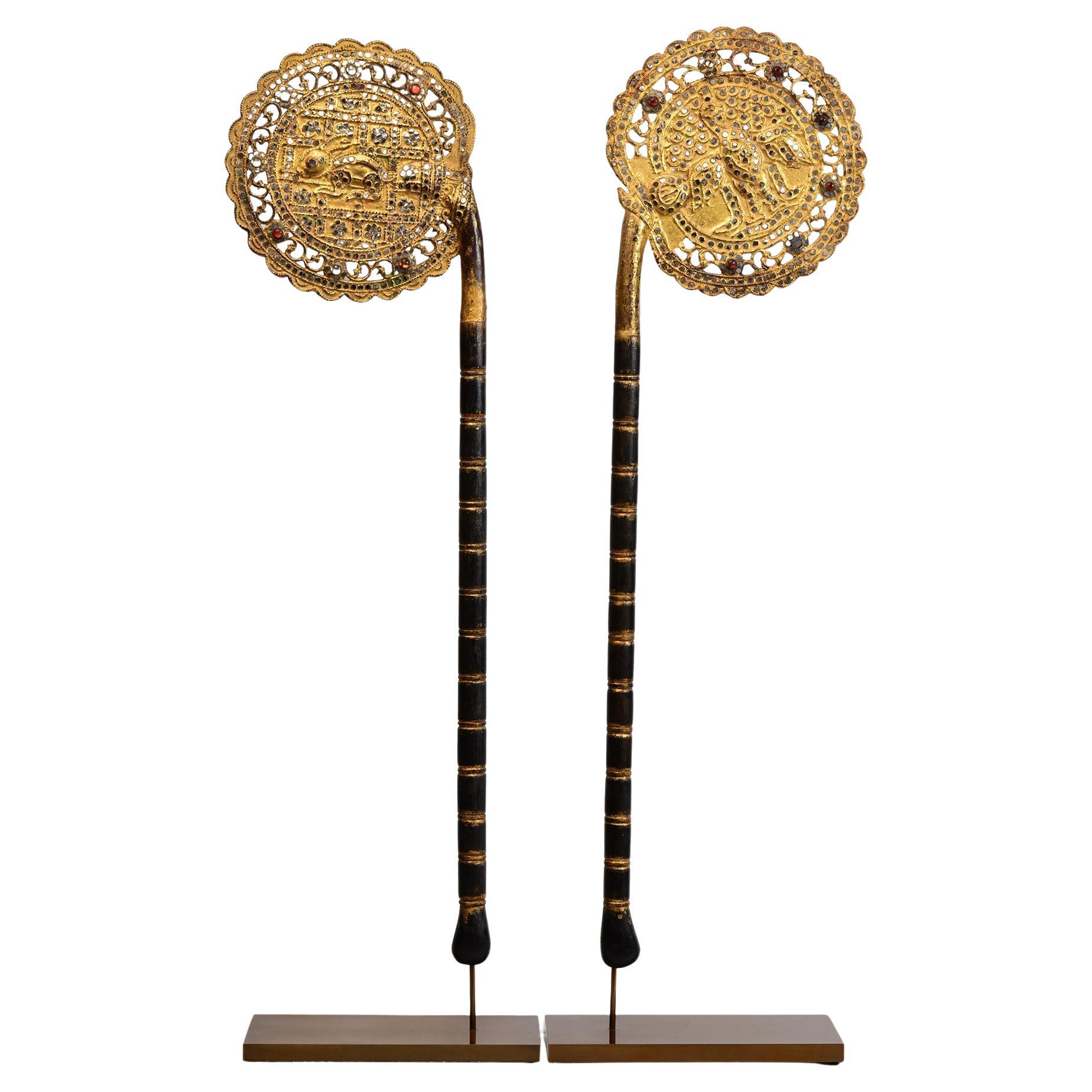 19th Century, A Pair of Antique Burmese Wooden Fans with Gilded Gold ...