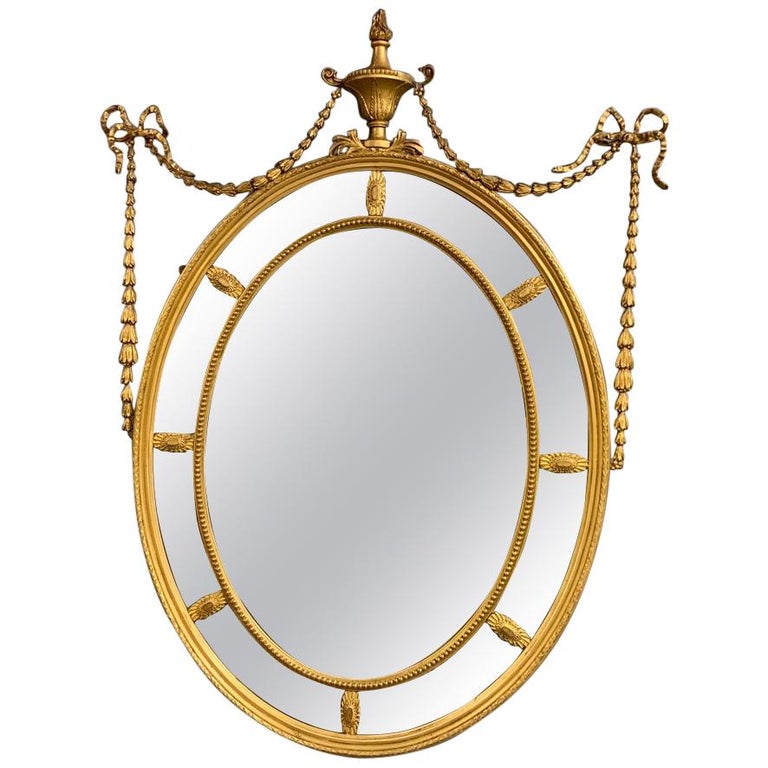 19th Century Adams Style Oval Gilt Mirror with Tied Ribbons and Urn ...