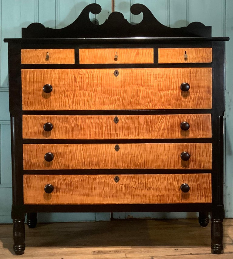 19th Century American Empire Ebonized and Tiger Maple Tall Chest at 1stDibs
