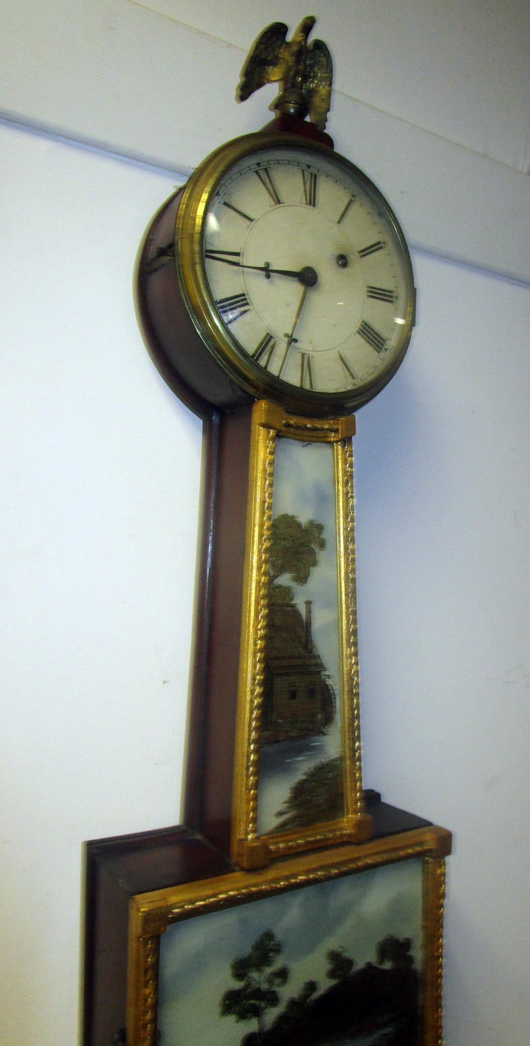 19th Century American Mahogany and Églomisé Banjo Clock at 1stDibs