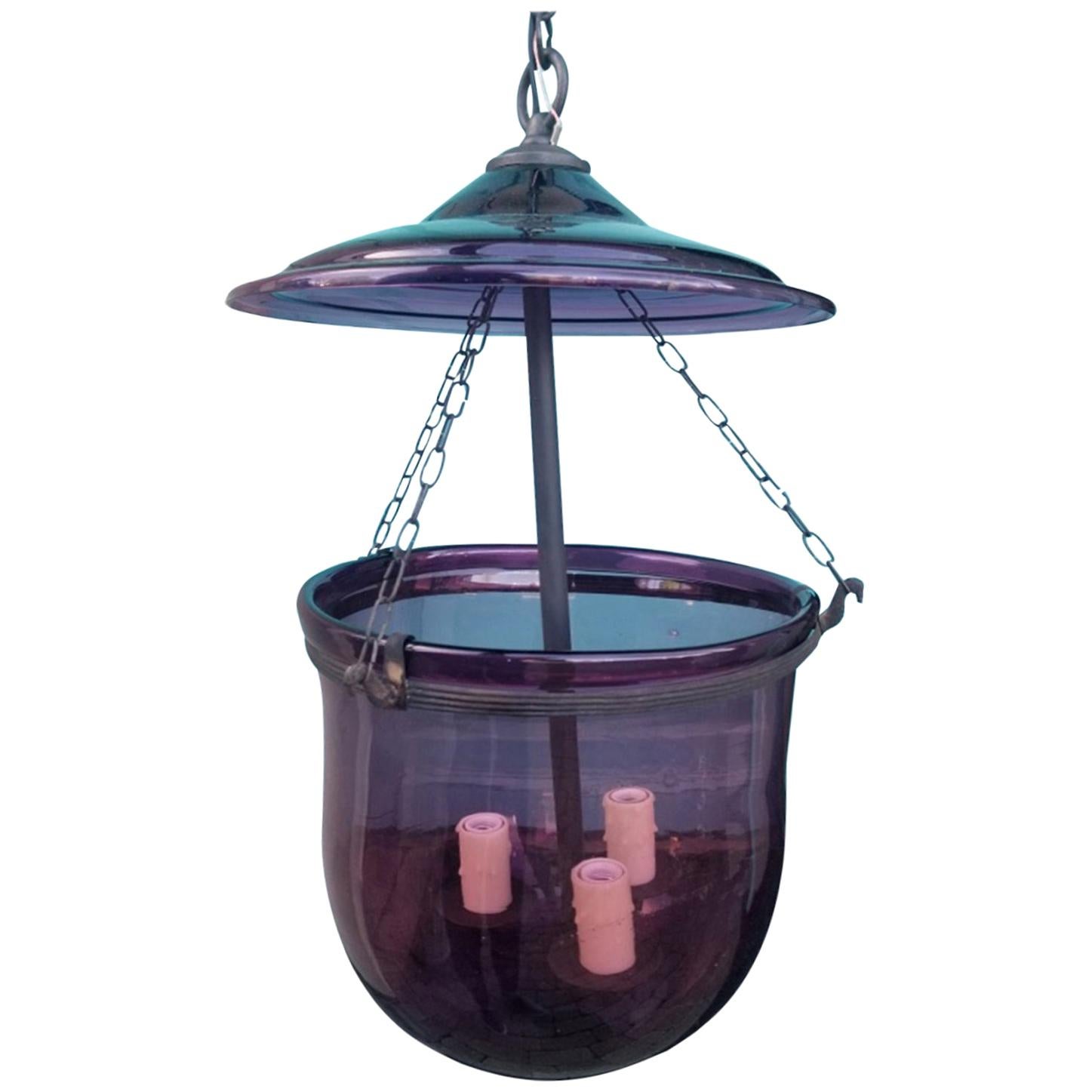 19th Century Amethyst Glass Smoke Three-Light Bell Jar Lantern at 1stDibs