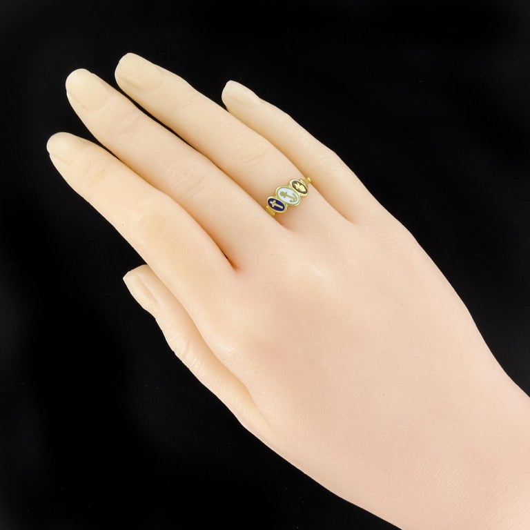 19th Century Antique Blue White Red Enameled Dizain Faith Ring at 1stDibs