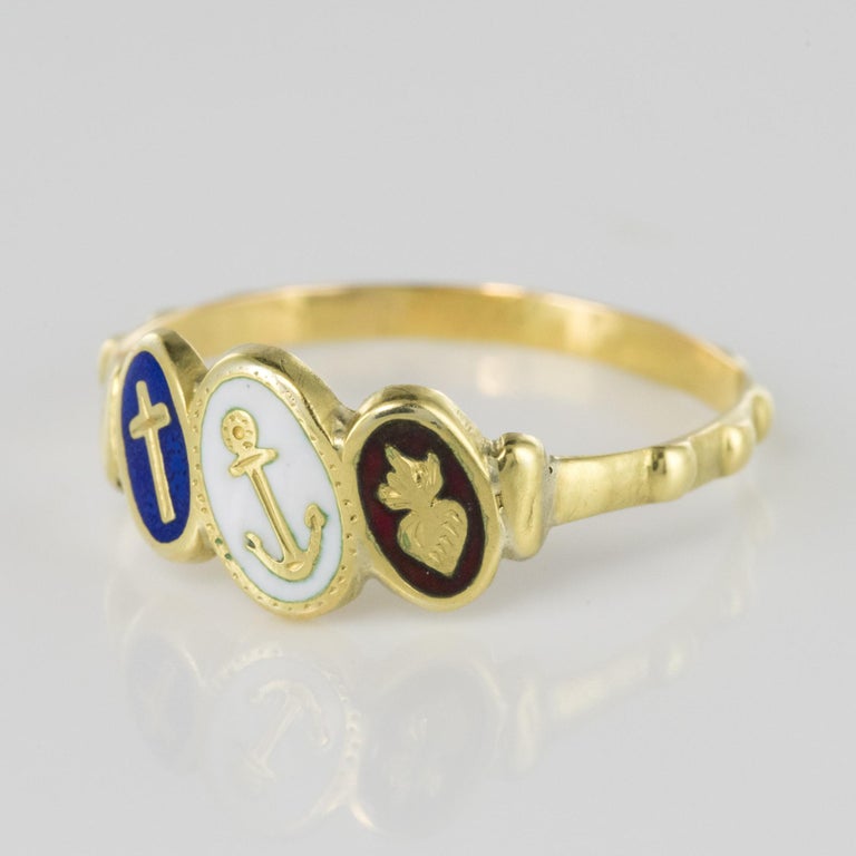 19th Century Antique Blue White Red Enameled Dizain Faith Ring at 1stDibs