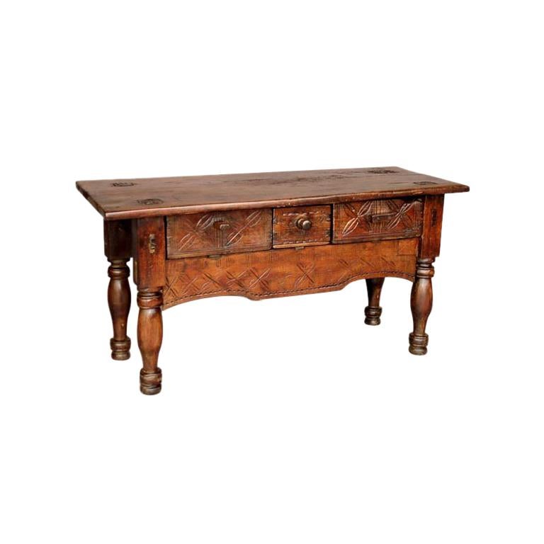 19th Century Antique Carved Table With Three Drawers and Turned Legs ...