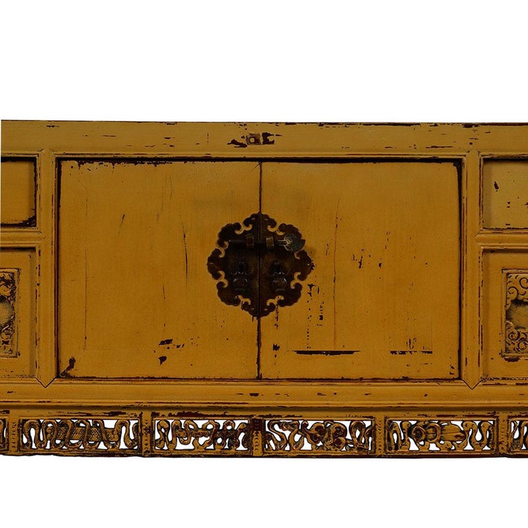 19th Century Antique Chinese Carved Yellow Lacquered Bed Foot Chest ...