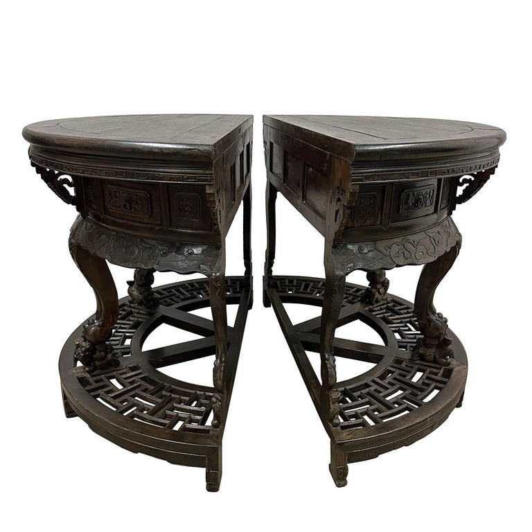19th Century Antique Chinese Hand Carved Half Moon Tables, Set of 2 For ...
