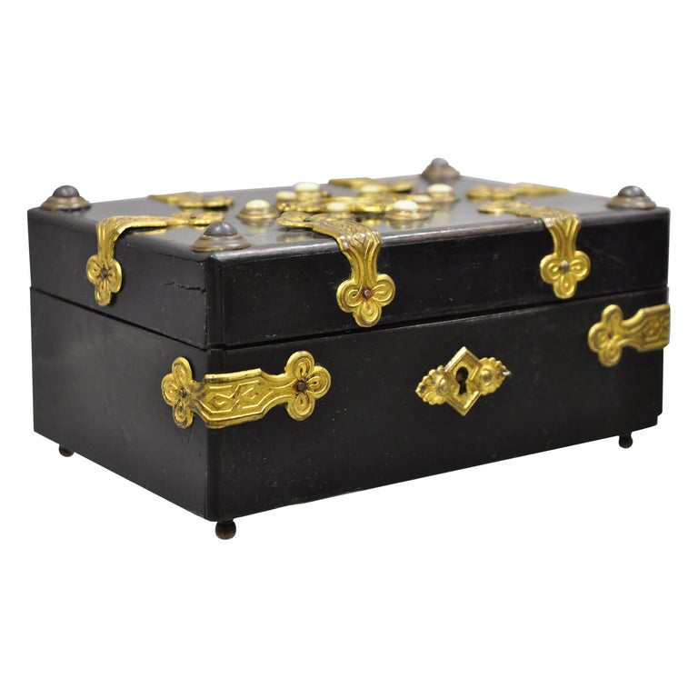 19th Century Antique English Ebonized Brass Bound Jewelry Trinket Desk ...