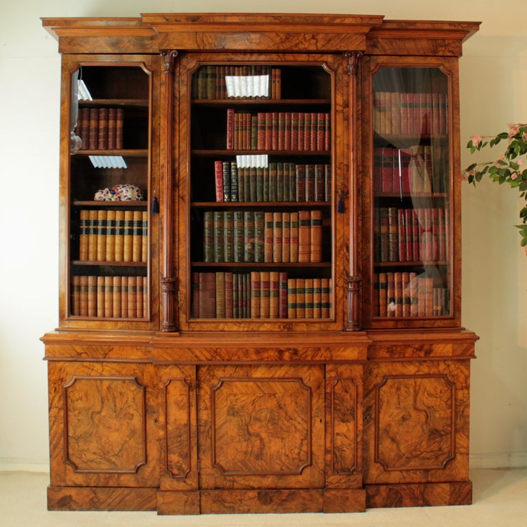 19th Century Antique English William IV Burr Walnut Breakfront Bookcase ...