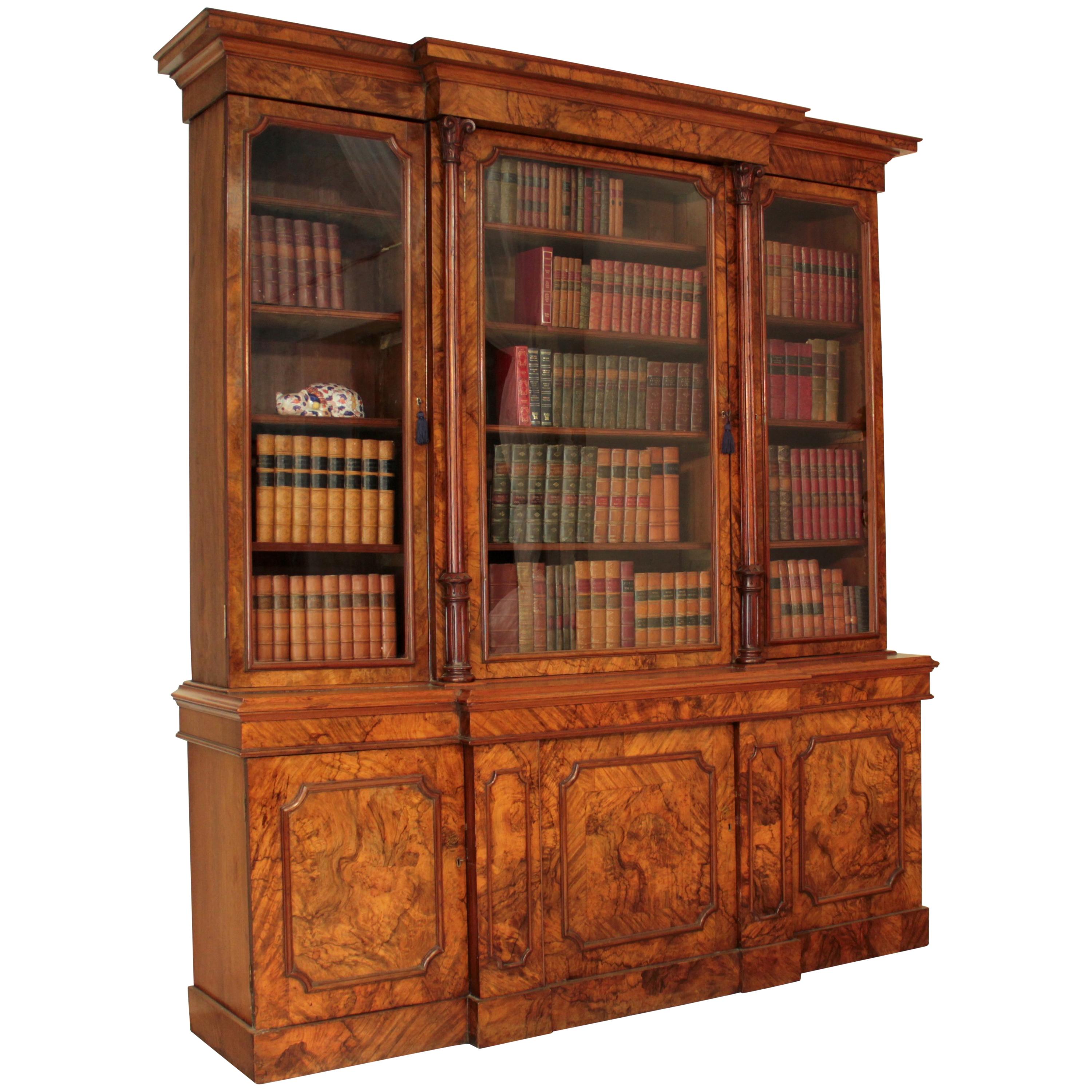 19th Century Antique English William IV Burr Walnut Breakfront Bookcase ...
