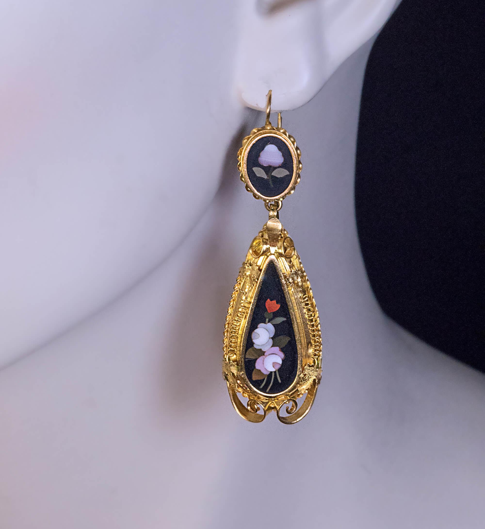 19th Century Antique Florentine Mosaic Gold Earrings For Sale at 1stDibs