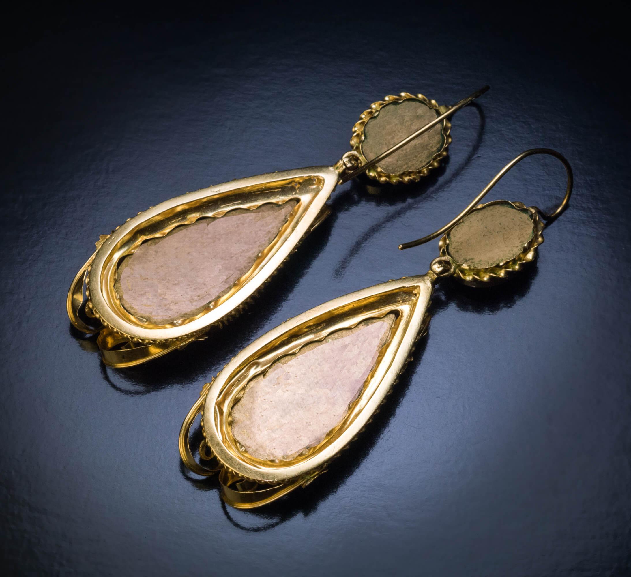 19th Century Antique Florentine Mosaic Gold Earrings For Sale at 1stDibs