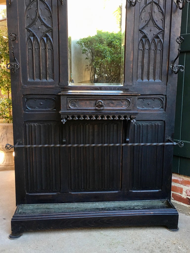 19th Century Antique French Gothic Carved Oak Hall Tree Mirror ...