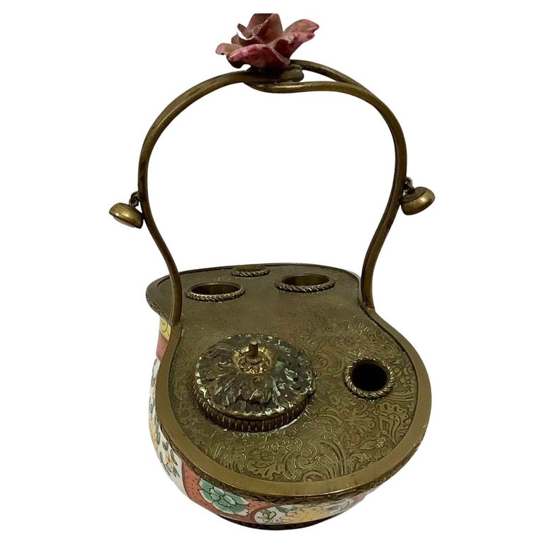 19th Century Antique French Inkwell in Gilded Brass and Porcelain For ...