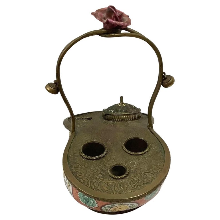 19th Century Antique French Inkwell in Gilded Brass and Porcelain For ...
