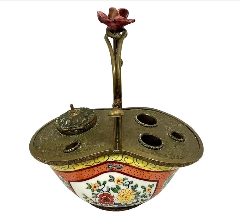 19th Century Antique French Inkwell in Gilded Brass and Porcelain For ...