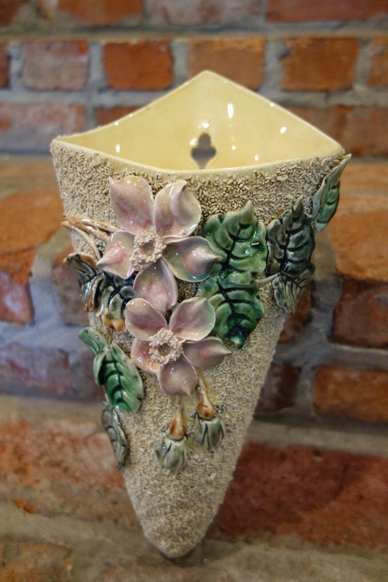 19th Century Antique French Majolica Barbotine Wall Pocket Floral ...