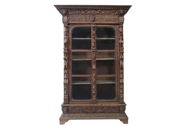19th Century Antique French Renaissance Revival Carved Oak Bookcase For ...