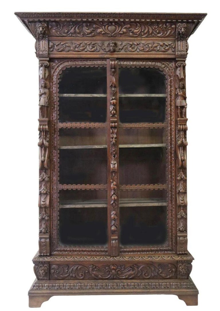 19th Century Antique French Renaissance Revival Carved Oak Bookcase For ...