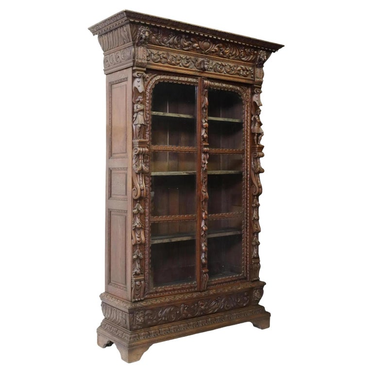 19th Century Antique French Renaissance Revival Carved Oak Bookcase For ...