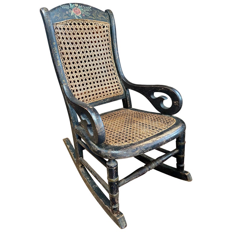19th Century Antique Gilt Hand Painted Child's Rocking Chair Cane Back ...
