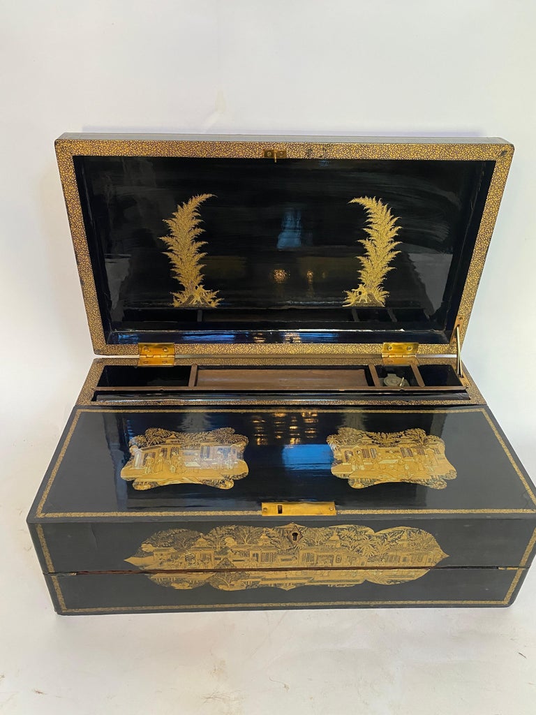 19th Century Antique 18.25'' Large Gilt Lacquer Chinese Writing Box For ...
