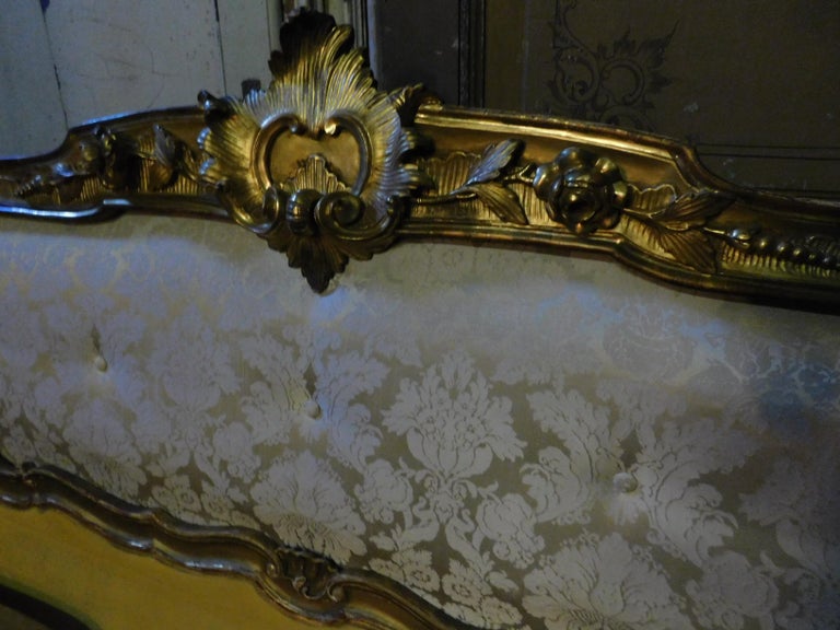 19th Century Antique Golden Bed with Damask Lined Headboard at 1stDibs