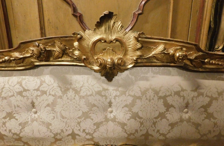 19th Century Antique Golden Bed with Damask Lined Headboard at 1stDibs