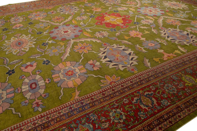 19th Century Antique Green Persian Mahal Handmade Floral Wool Rug For ...