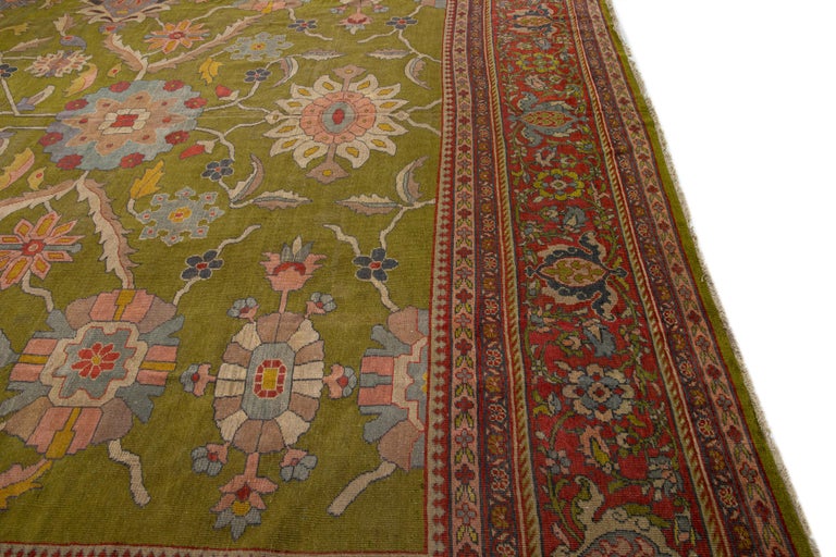 19th Century Antique Green Persian Mahal Handmade Floral Wool Rug For ...