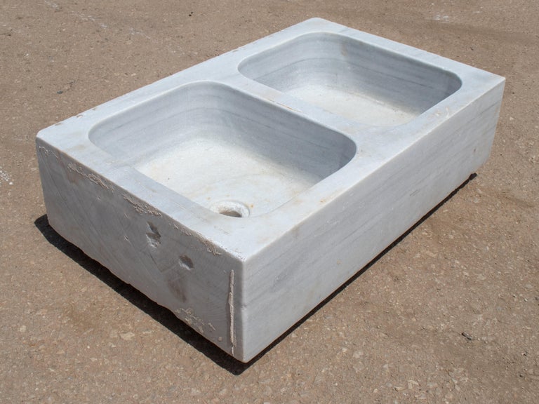 19th Century Antique Hand Carved White Marble Double Basin Kitchen Sink ...