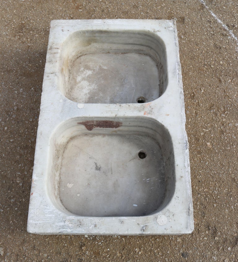 19th Century Antique Hand Carved White Marble Double Basin Kitchen Sink ...