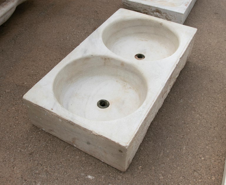 19th Century Antique Hand Carved White Marble Double Basin Kitchen Sink ...