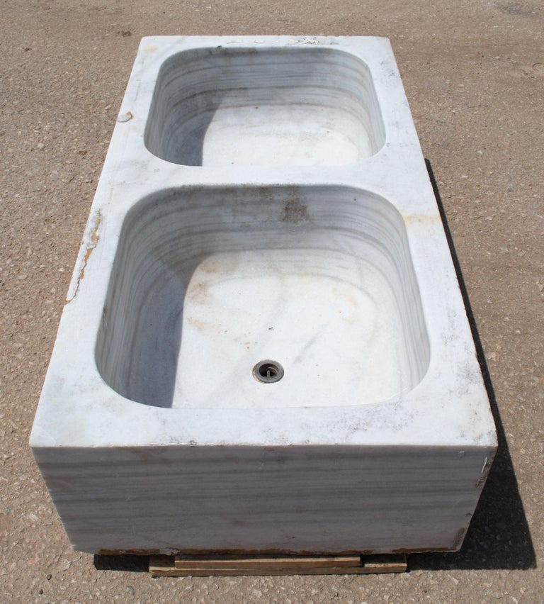 19th Century Antique Hand Carved White Marble Double Basin Kitchen Sink ...