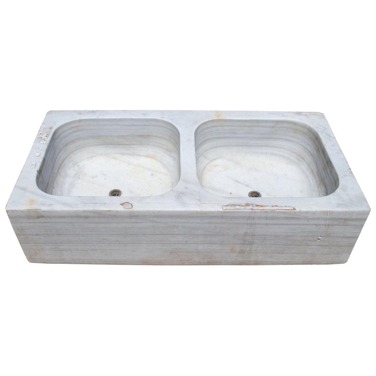19th Century Antique Hand Carved White Marble Double Basin Kitchen Sink ...