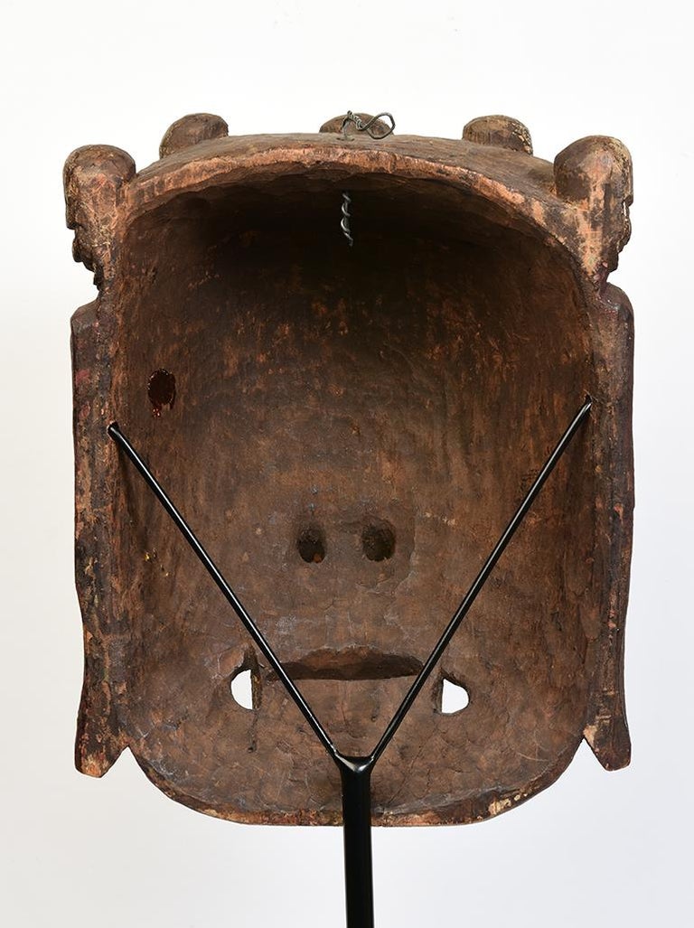 19th Century, Antique Tibetan Wooden Buddhist Mahakala Mask with Stand ...