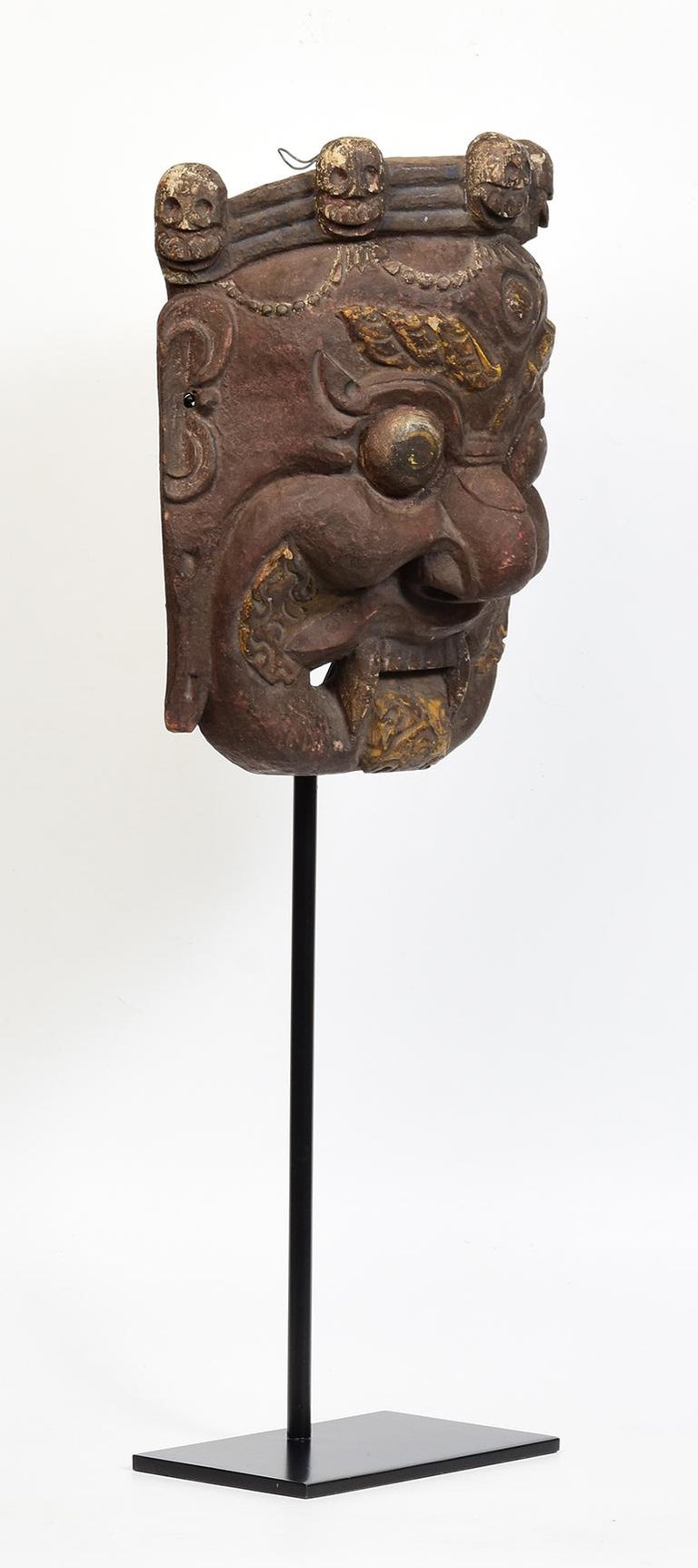19th Century, Antique Tibetan Wooden Buddhist Mahakala Mask with Stand ...