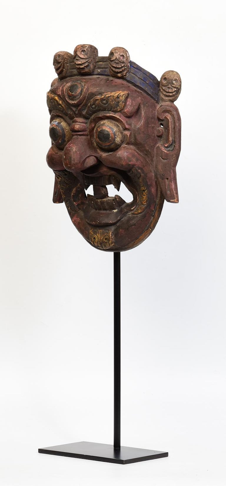 19th Century, Antique Tibetan Wooden Buddhist Mahakala Mask with Stand ...