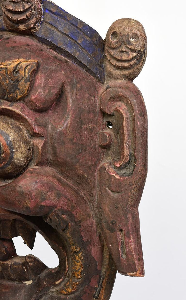 19th Century, Antique Tibetan Wooden Buddhist Mahakala Mask with Stand ...