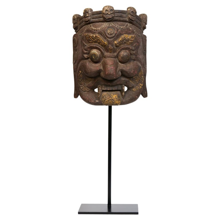 19th Century, Antique Tibetan Wooden Buddhist Mahakala Mask with Stand ...