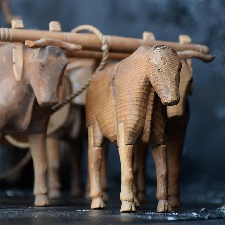 19th Century Austrian Carved Pine Folk Art Farmer and His Oxen Model ...