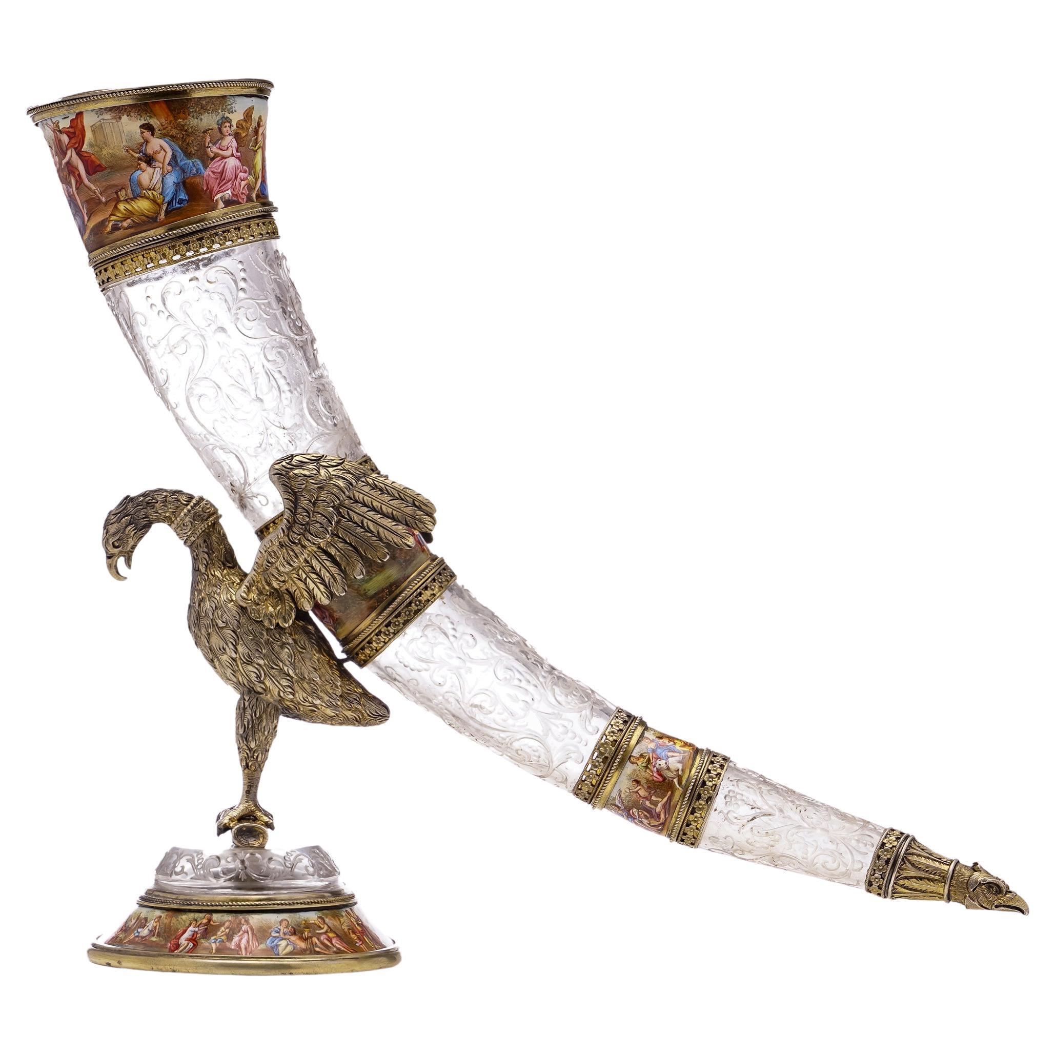 19th Century Austrian hunting horn with rock crystal and enamel by Karl ...