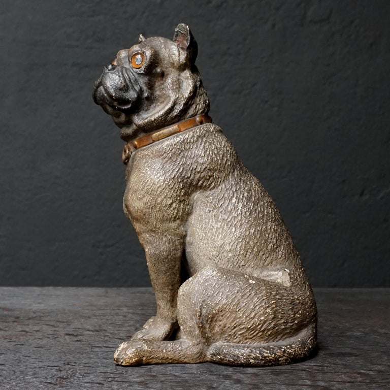 19th Century Austrian Seated Ceramic Pug Dog with Red Collar and Glass ...