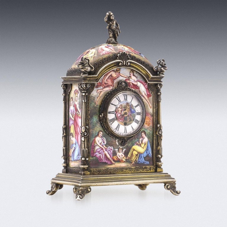 19th Century Austrian Silver and Enamel Clock, Hermann Ratzersdorfer, c ...