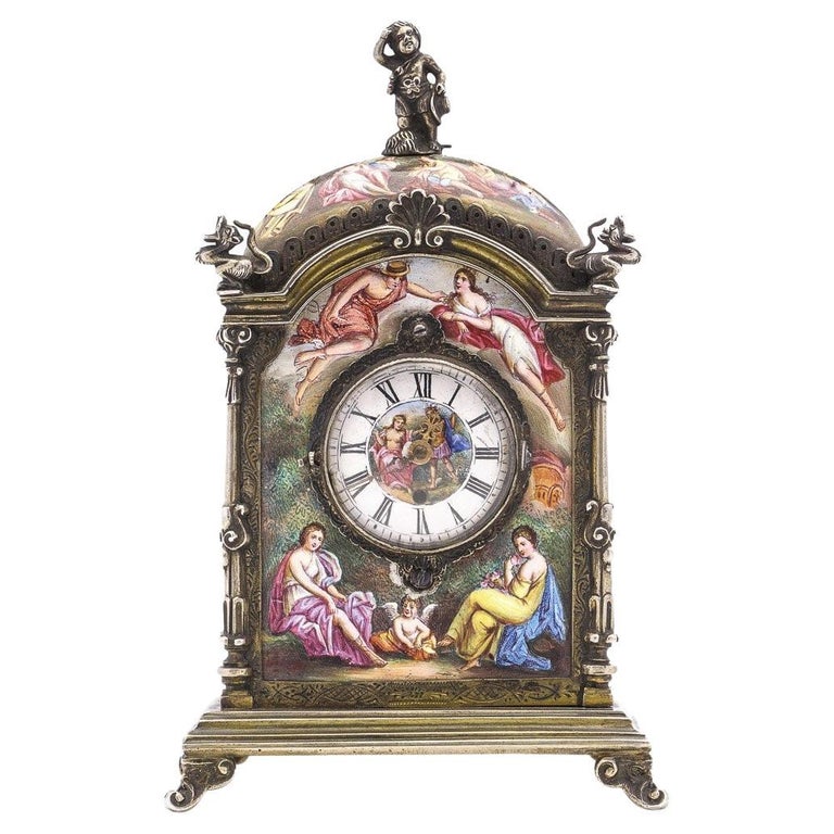 19th Century Austrian Silver and Enamel Clock, Hermann Ratzersdorfer, c ...